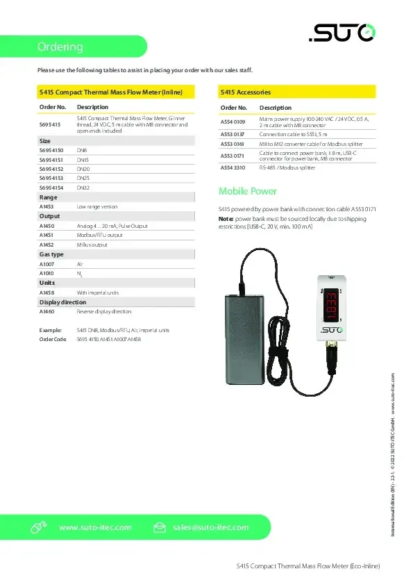Compact Thermal Mass Flow Meter Eco-Inline S415 | Suto