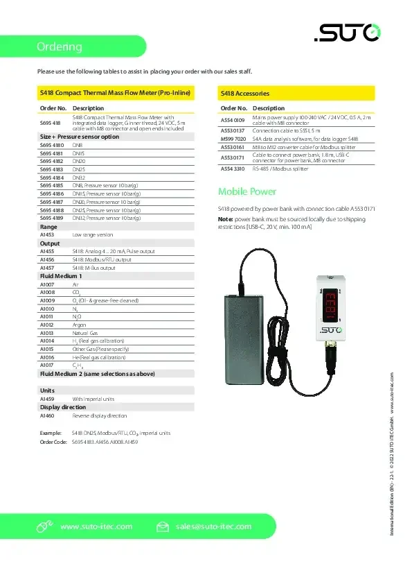 Compact Thermal Mass Flow Meter Pro-Inline S418 | Suto